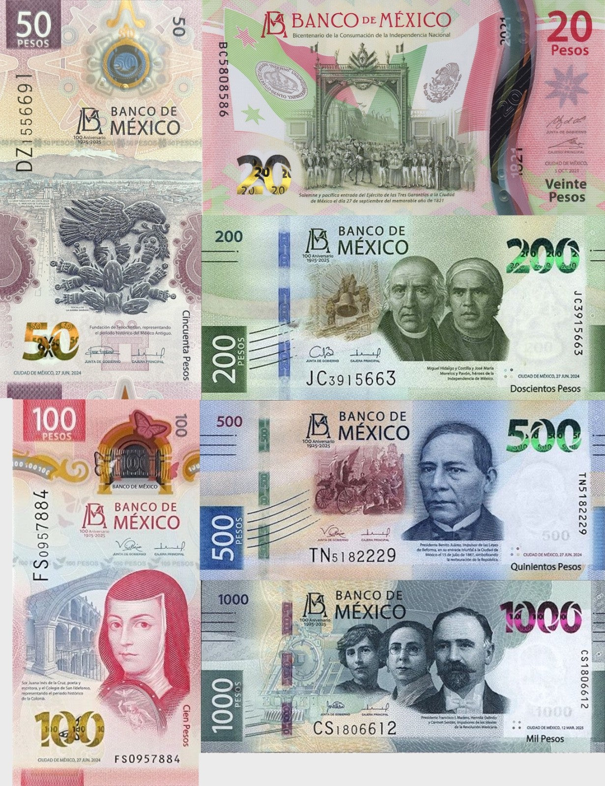 Mexico P138 to 142 2025 commemorative full set 50 100 200 500 1000 + 2 ...