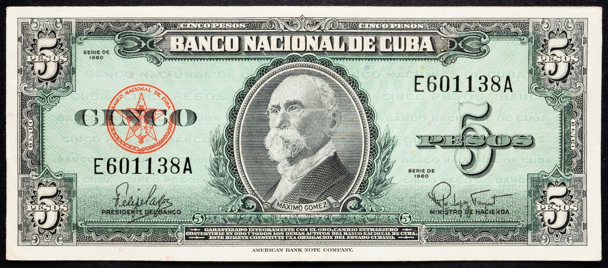 Cuba P-92 5 pesos 1960 AU—sage green—Máximo Gómez – World Money Store